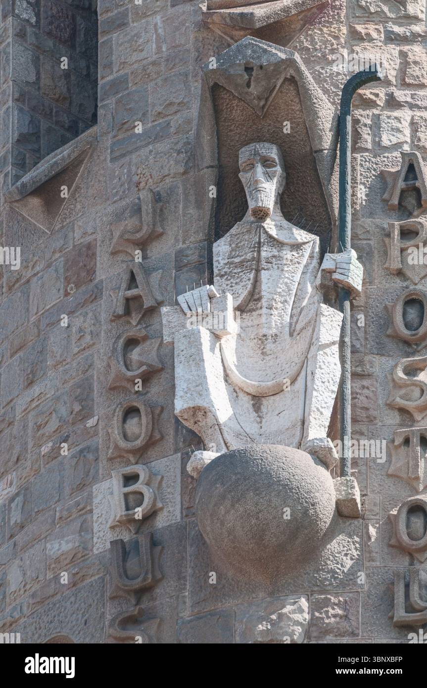 A statue of Jacob the Apostle on the outer wall of the Sagrada Familia ...