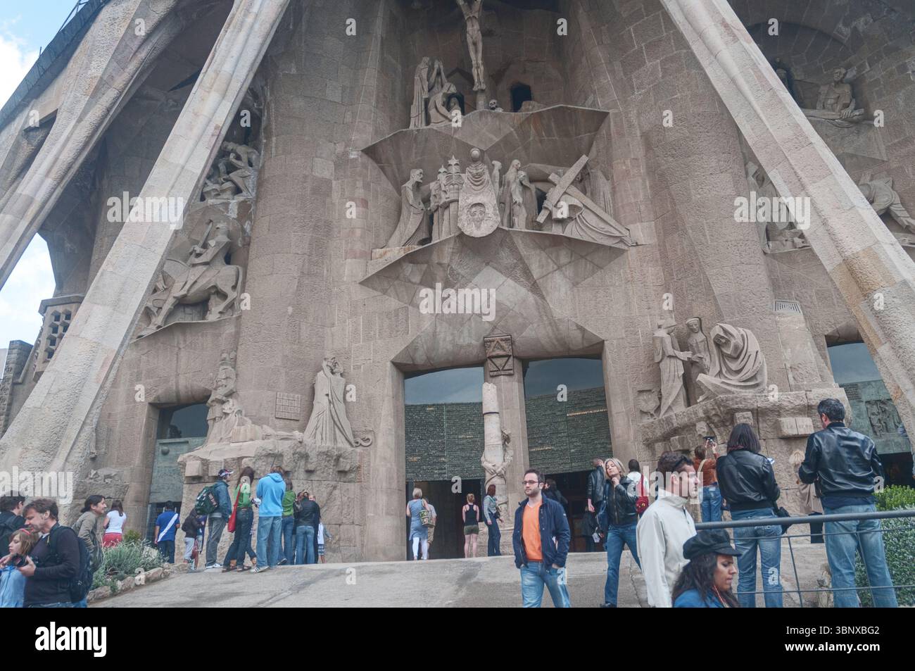 The Passion Facade on the Sagrada Familia in Barcelona, Spain. This facade shows the suffering ...