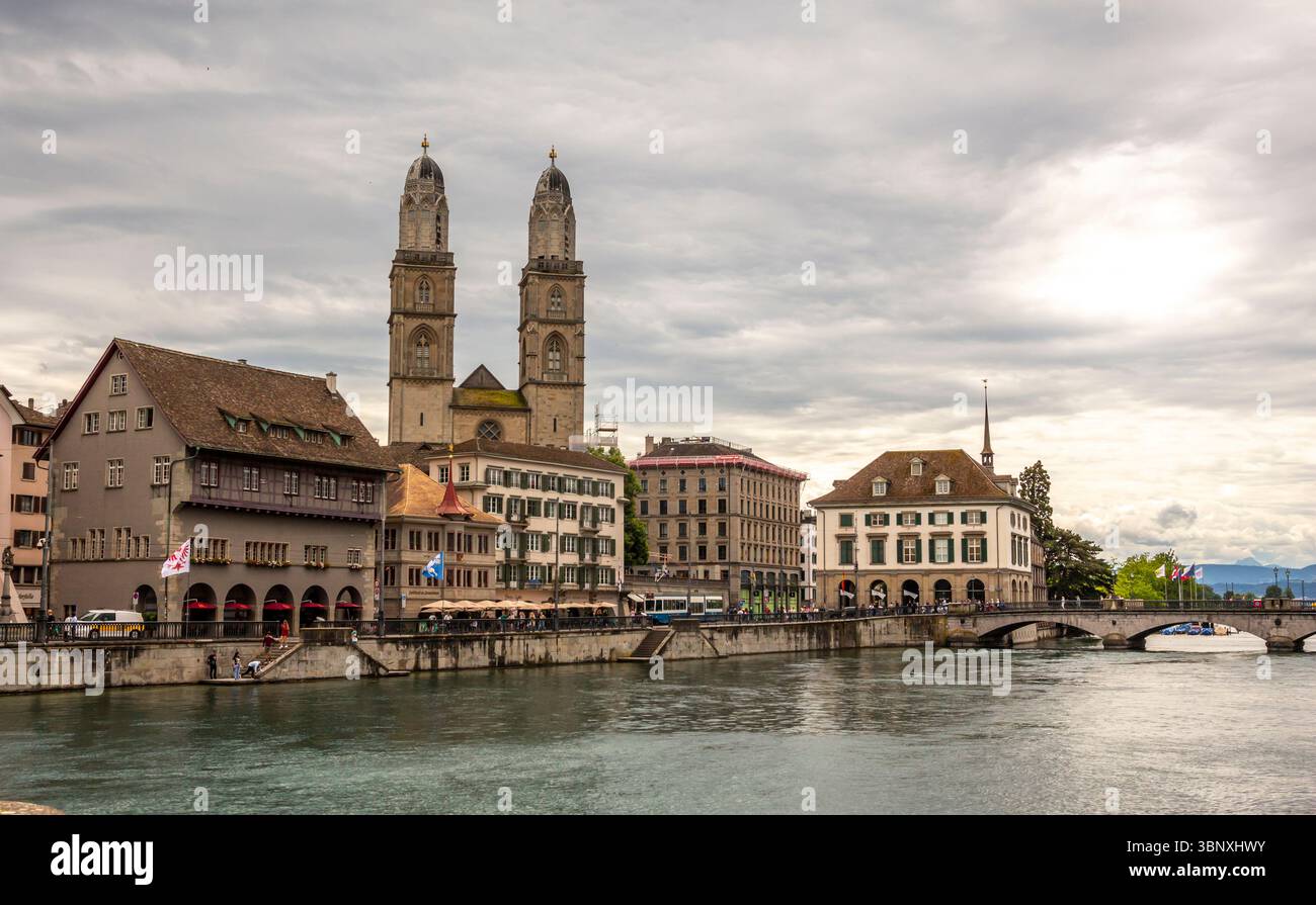 View of Zurich, Switzerland, from Limmat river on a cloudy day, with ...