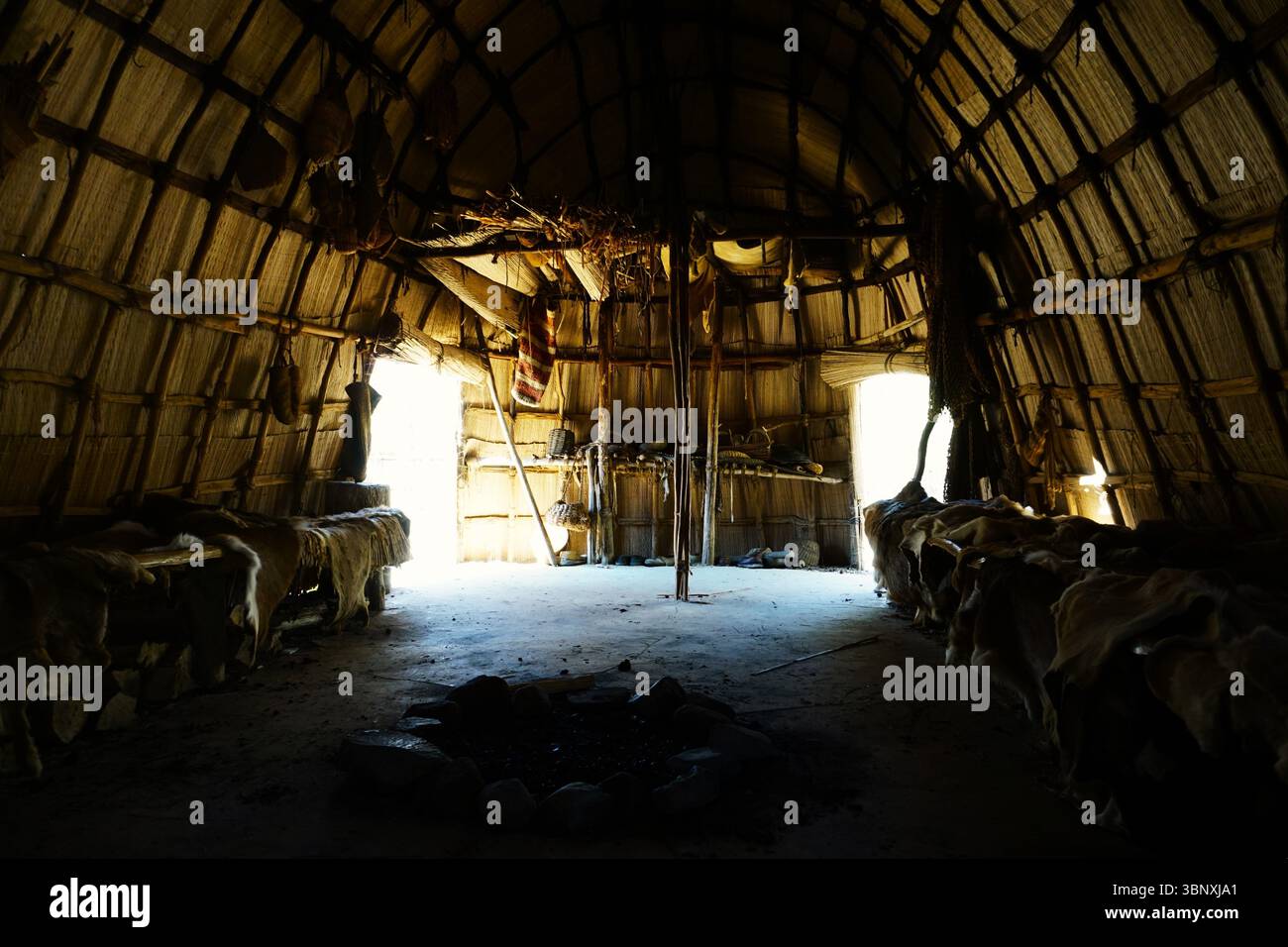 Interior of a traditional Native American tent, or indigenous hut, with ...