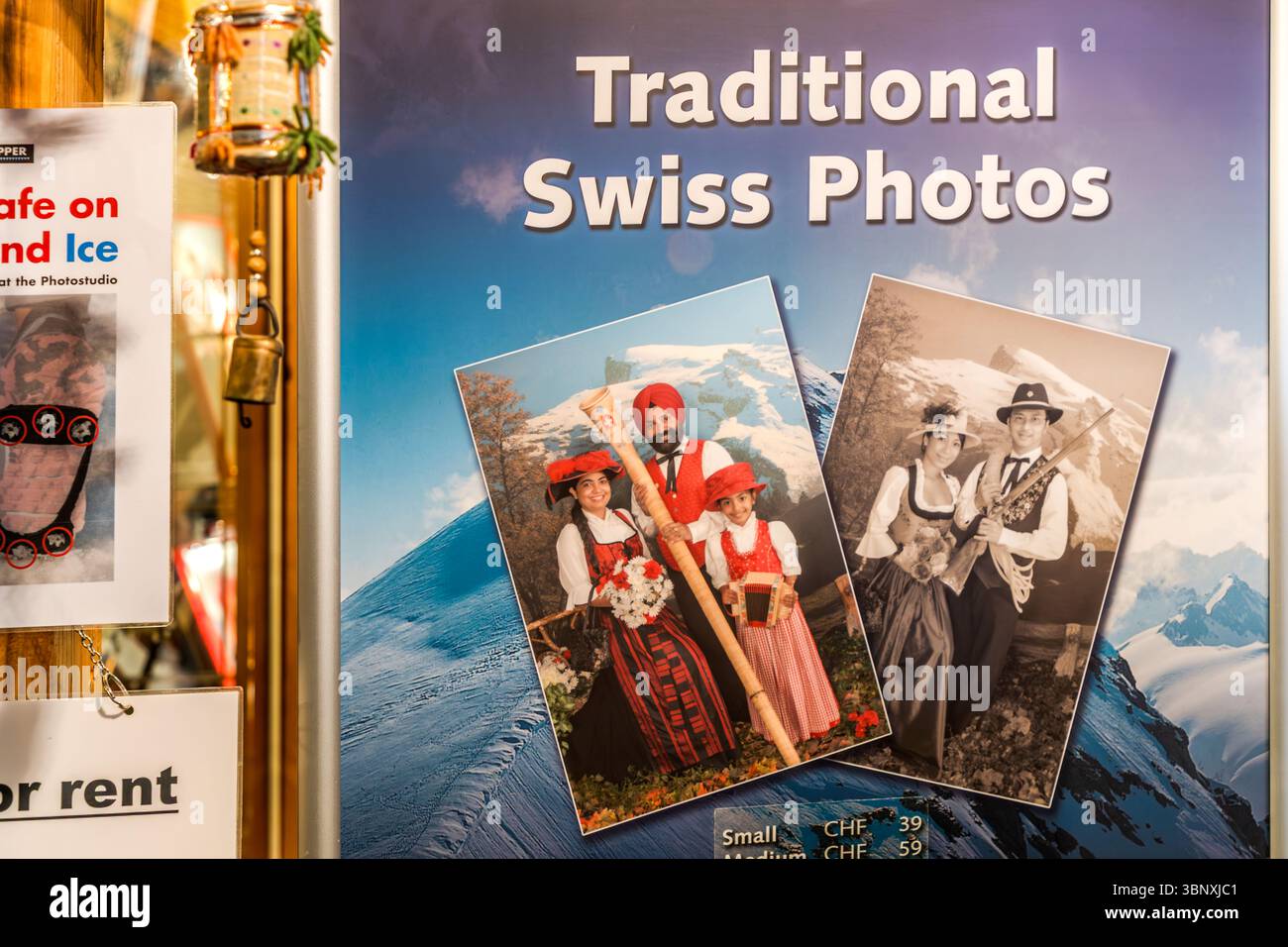 A sign advertises "Traditional Swiss Photos" in a photo studio on the ...