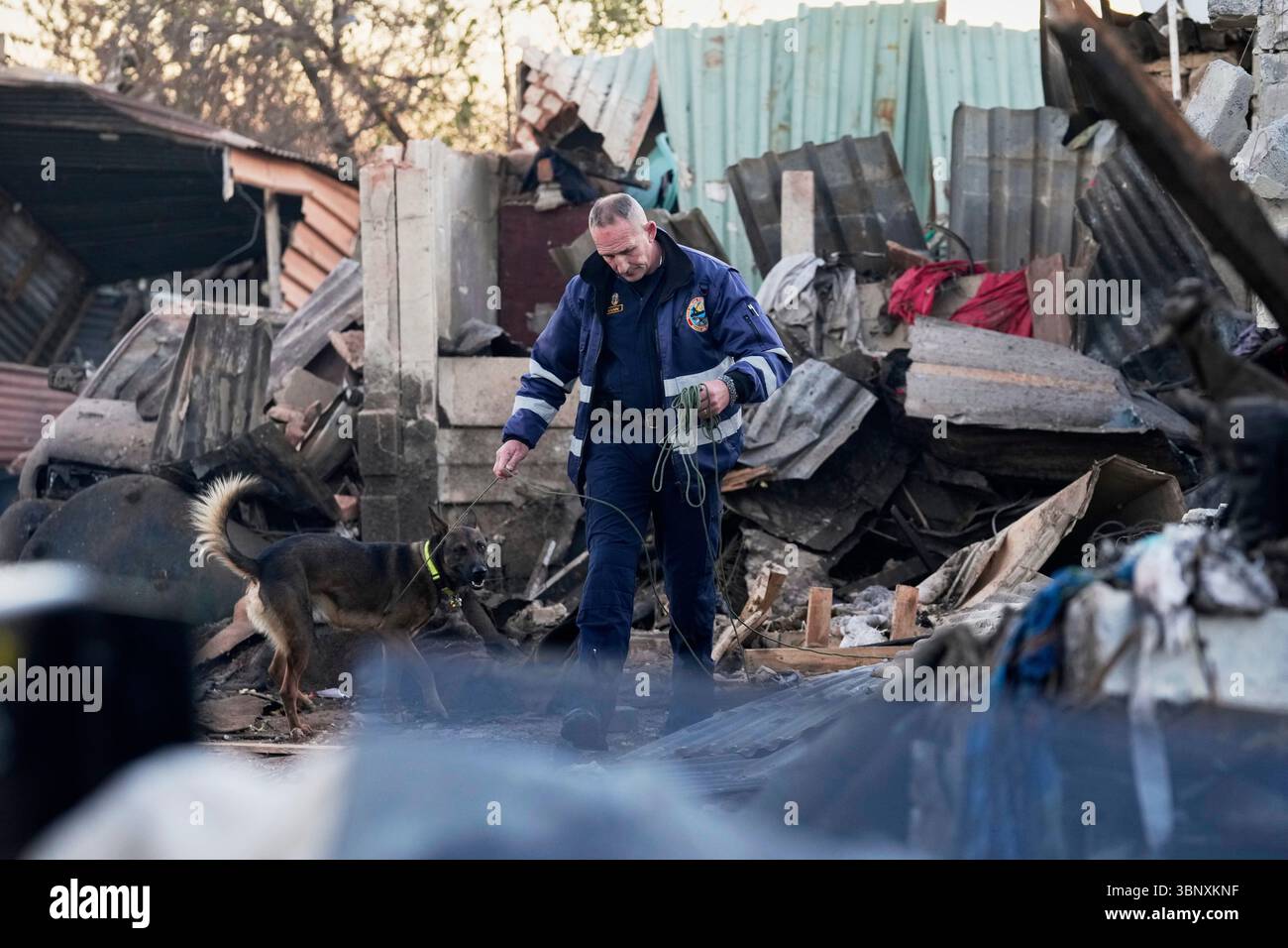 A firefighter and a rescue dog work the scene after a heavy explosion ...