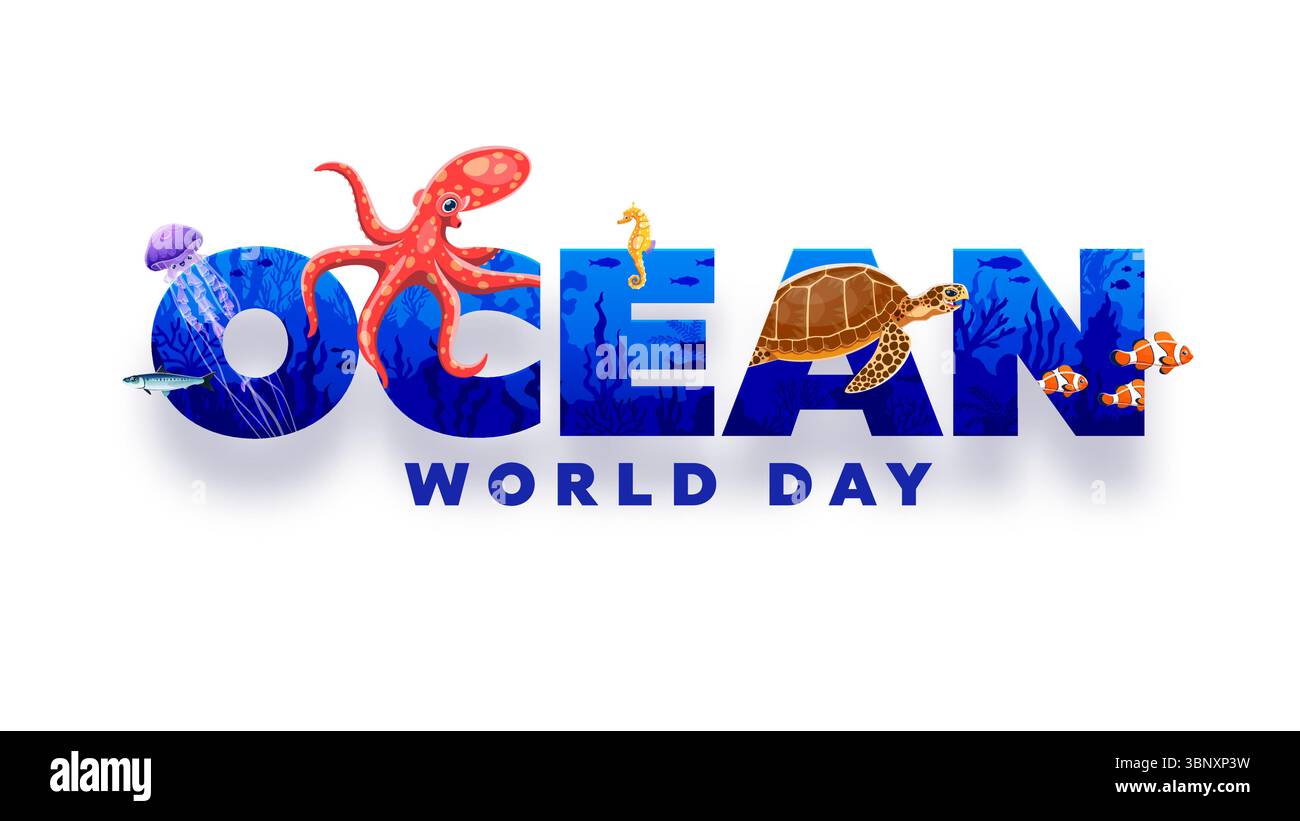 World oceans day 3d banner. Vector typography with underwater marine ...
