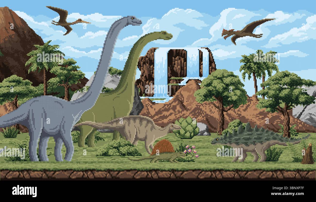 8 bit pixel art game prehistoric dinosaurs landscape. Vector arcade ...