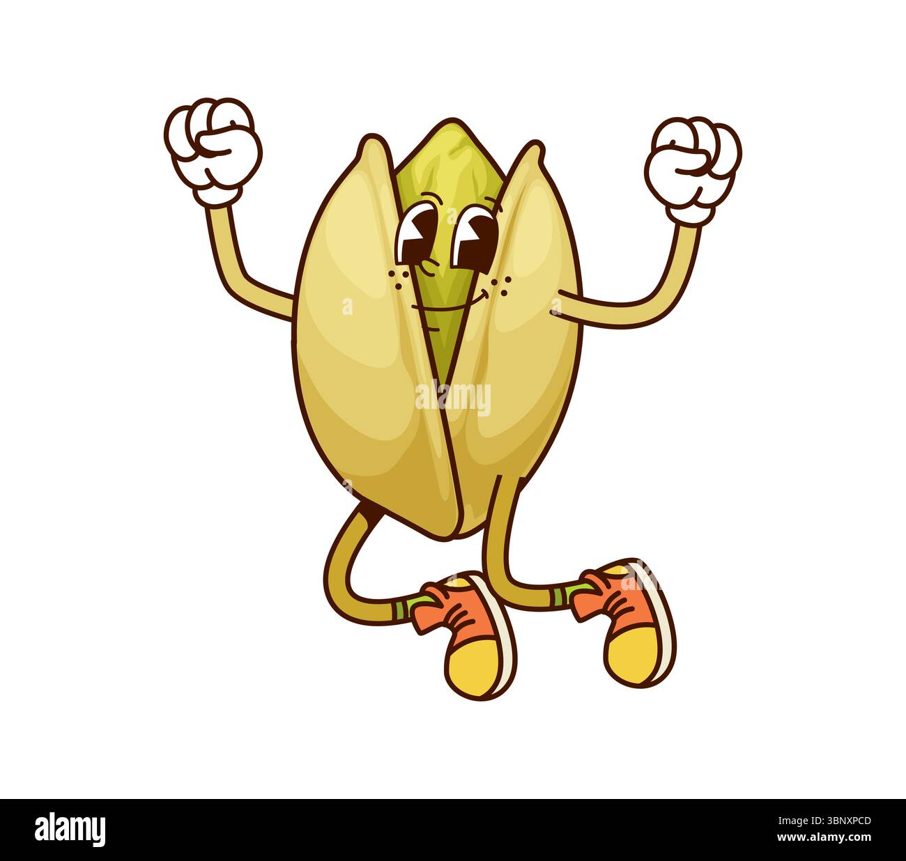 Cartoon groovy pistachio nut with funny face and happy smile, vector ...