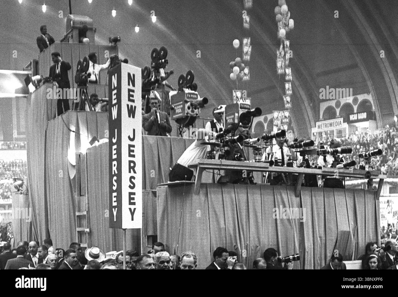 A view of the busy television camera platform at the 1964 Democratic ...