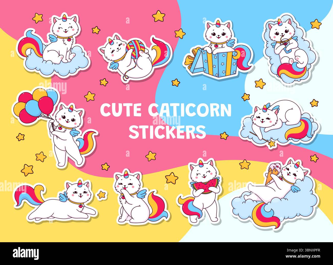 Cute cat caticorn characters stickers pack of cartoon kitten unicorns ...