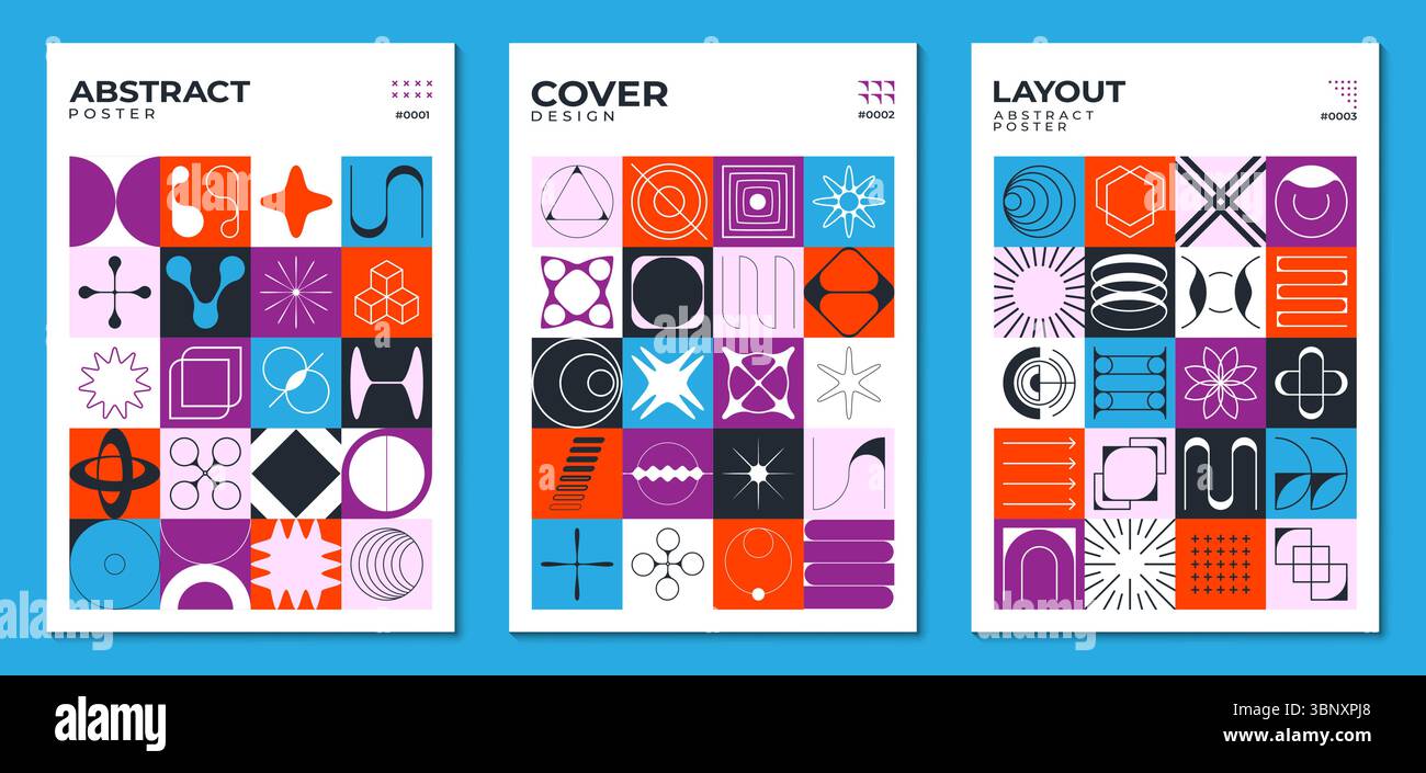Abstract geometric swiss posters with y2k brutal shapes and patterns ...