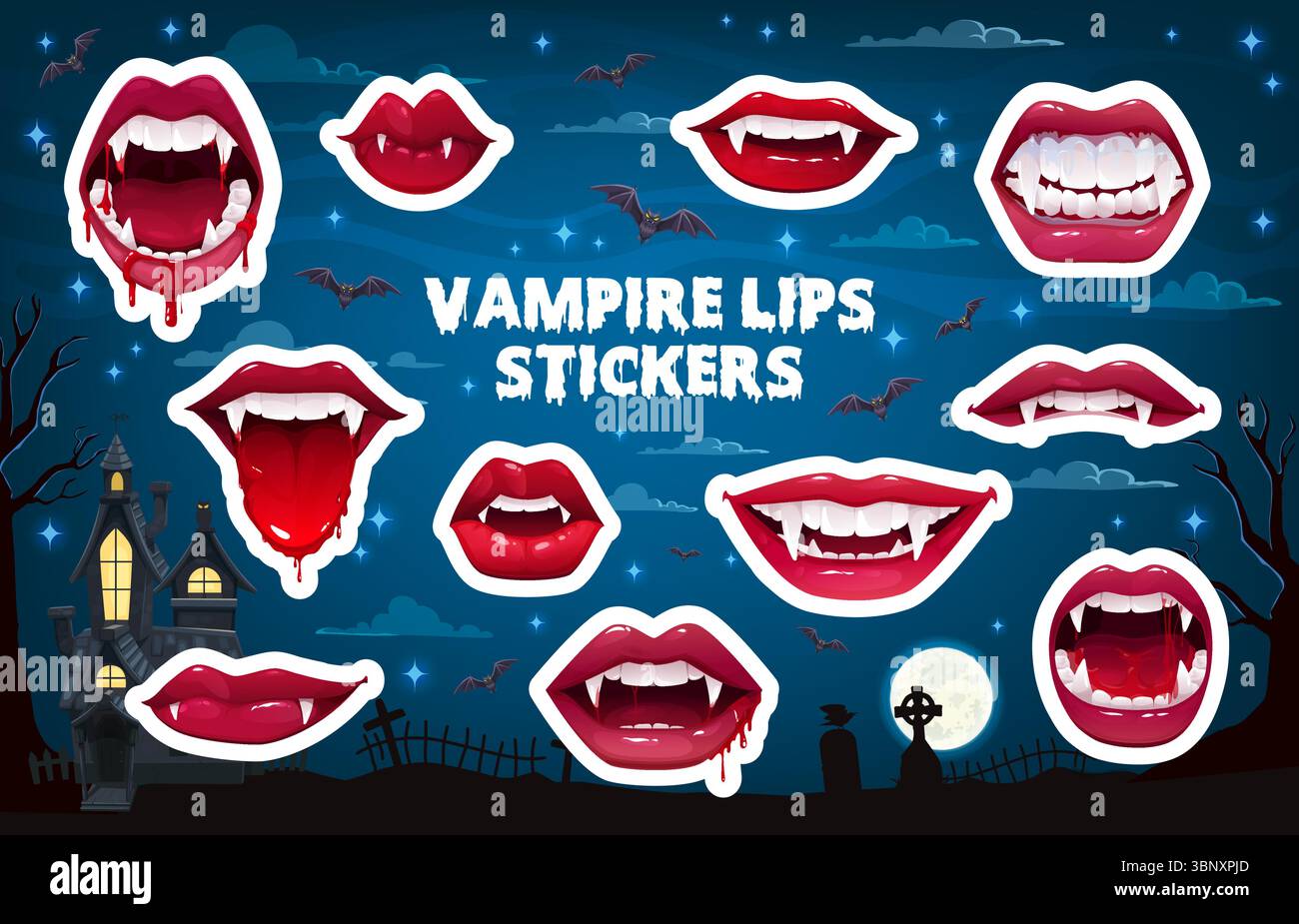 Stickers pack of Halloween vampire lips. Cartoon vector monster jaws ...