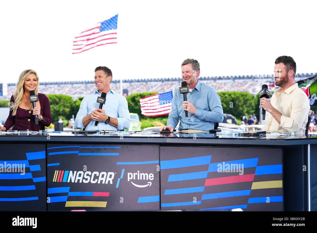 Dale Earnhardt Jr. talks on set of the NASCAR on Prime pre race show ...