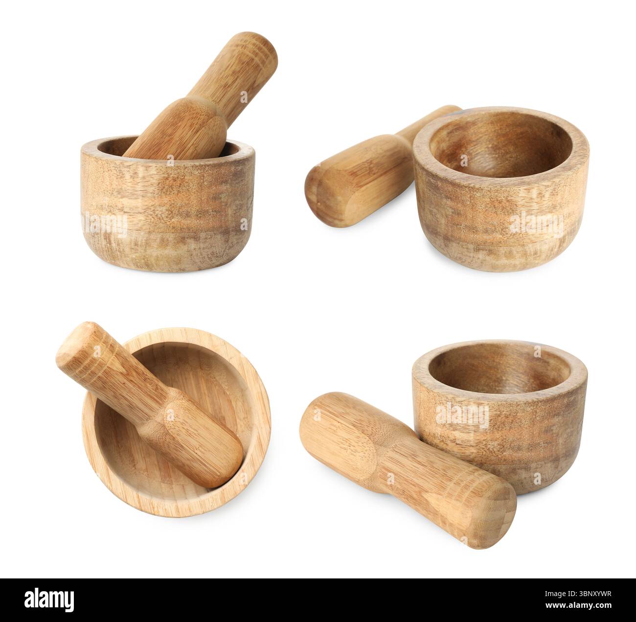 Wooden mortar and pestle isolated on white, collage. Top and side view ...