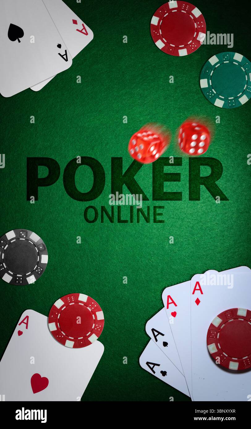Online Poker screen design. Chips, dice and playing cards on green ...
