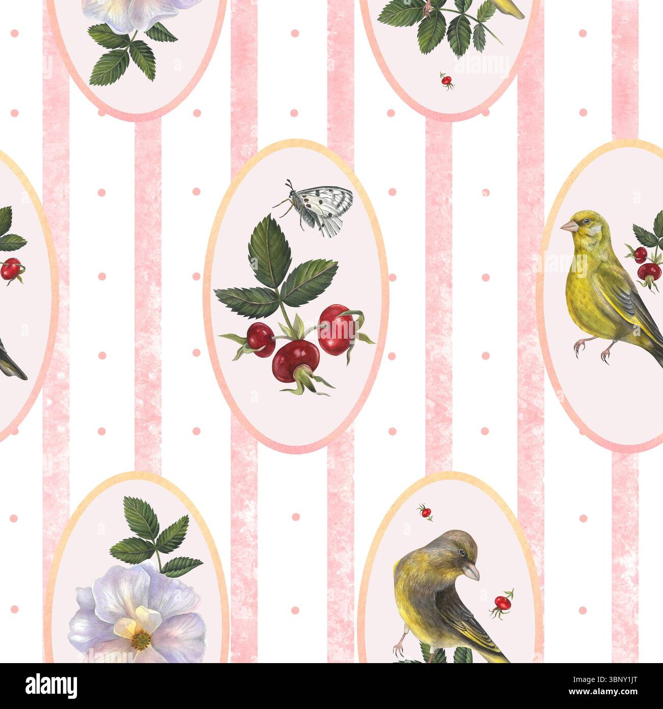 Vintage pink pattern of rose hips, leaves, branches of rose hips, white ...