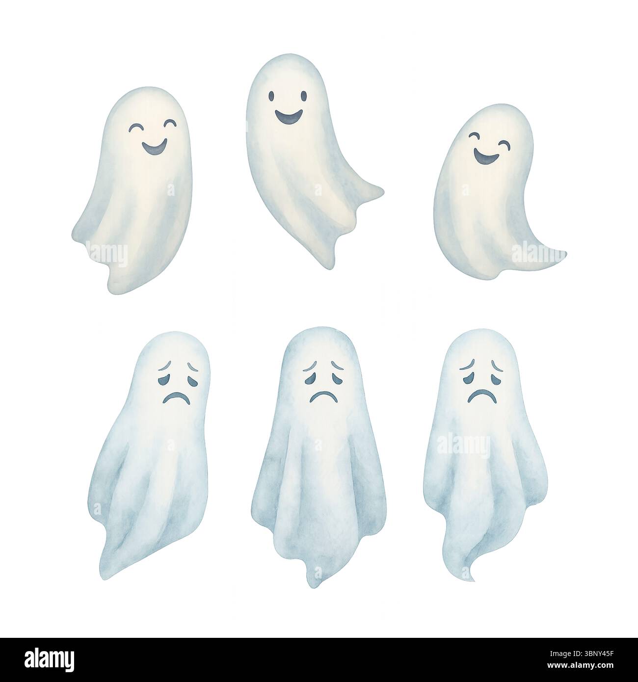 Cute ghost emotions set – happy, sad and spooky Halloween spirits Stock ...