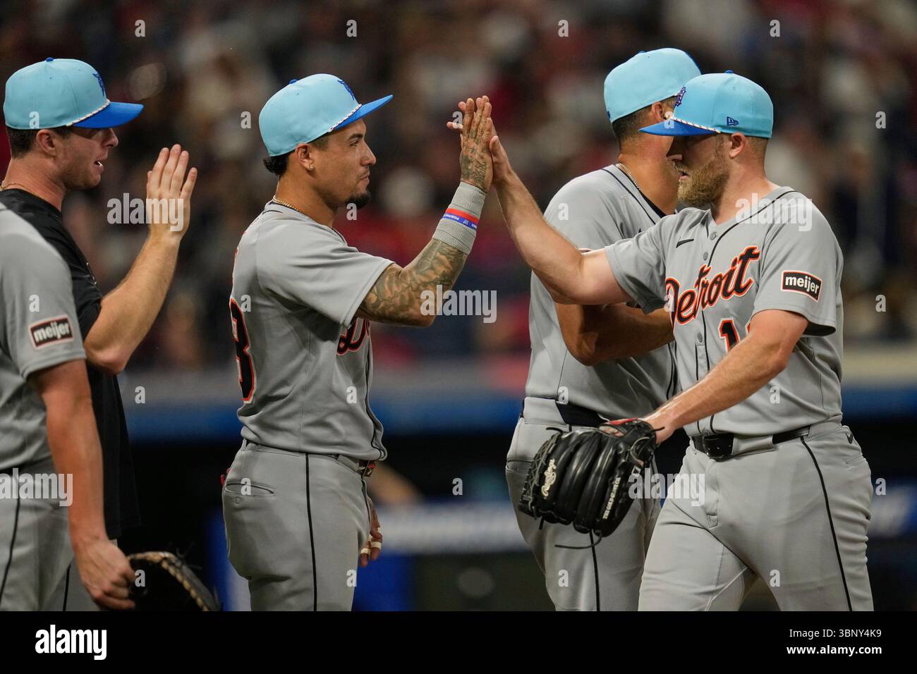 Detroit Tigers pitcher Will Vest, right, gets high fives from teammates ...