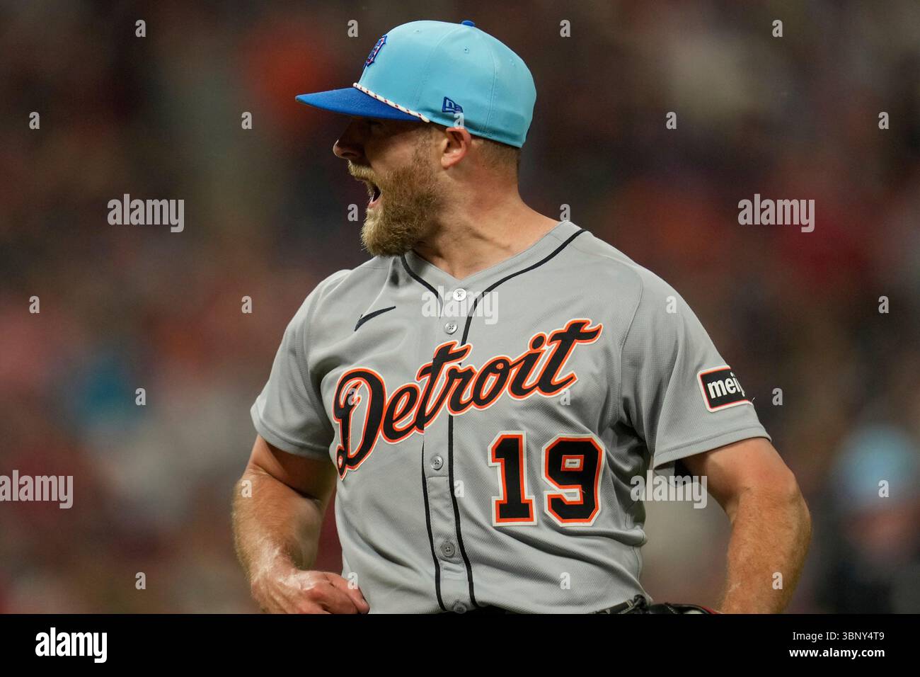 Detroit Tigers pitcher Will Vest (19) shouts after the Tigers defeated ...