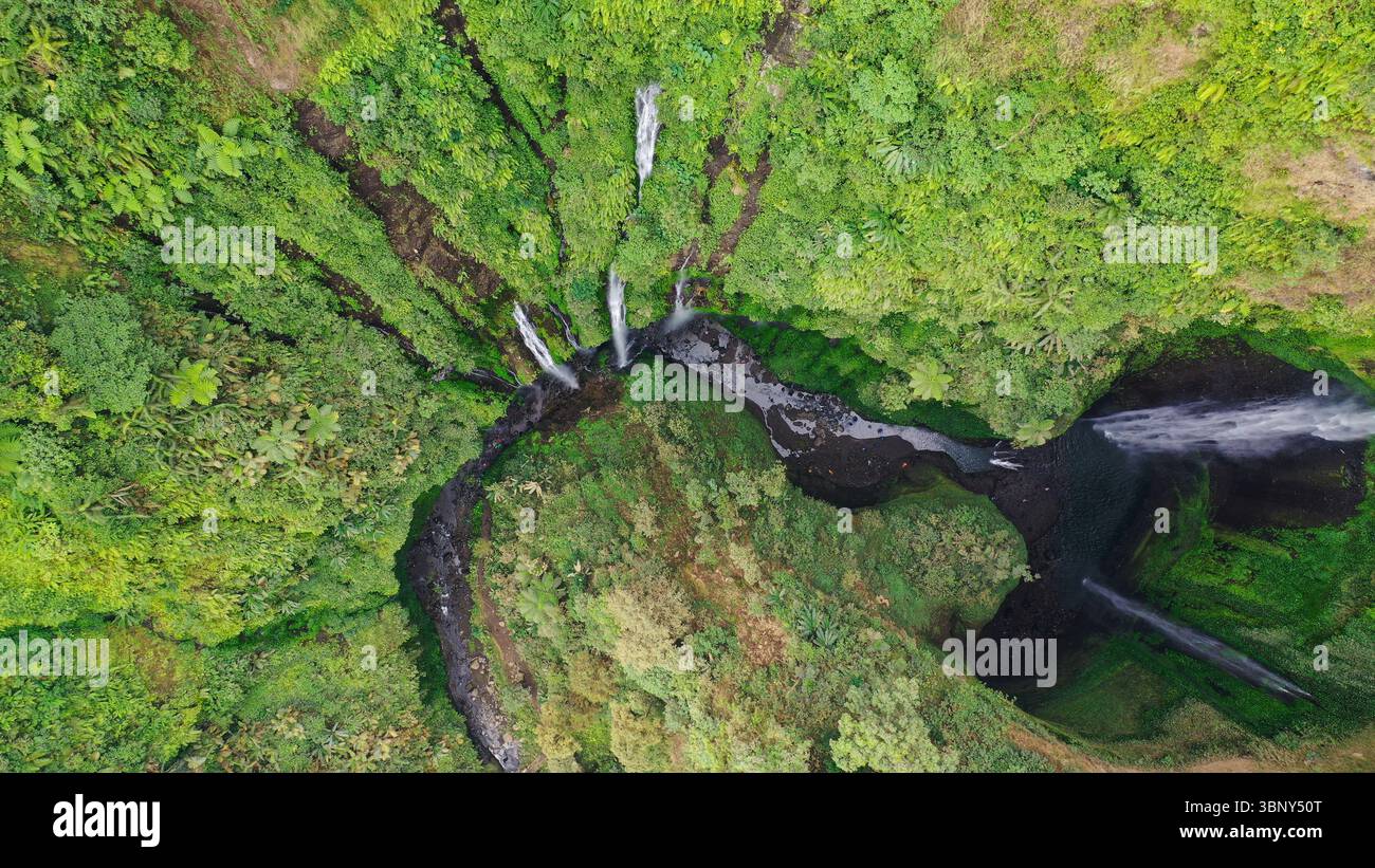 A breathtaking bird eye view reveals the lush green canyon and the ...
