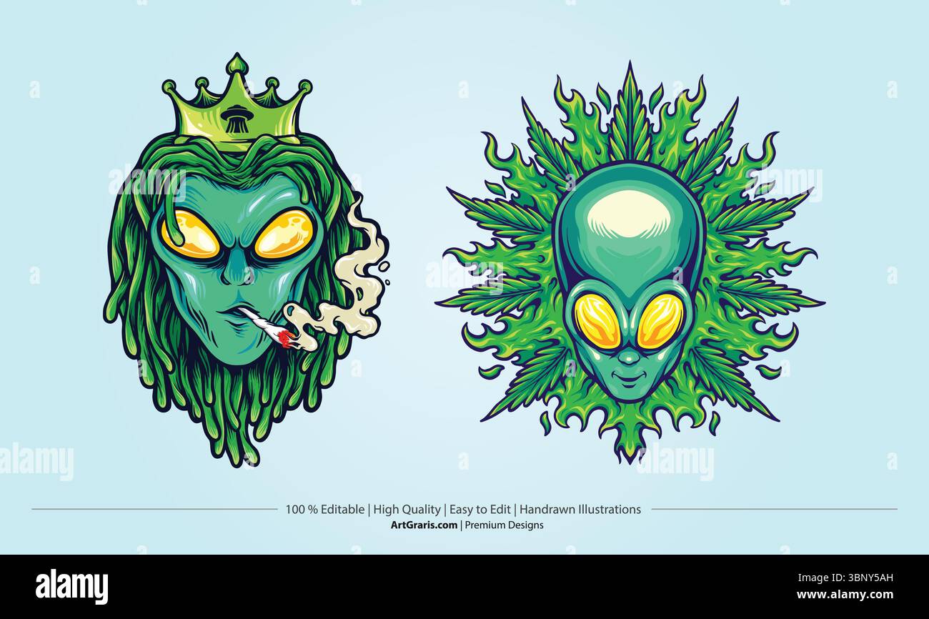 Alien heads with crowns marijuana leaves and cigarette in retro style ...
