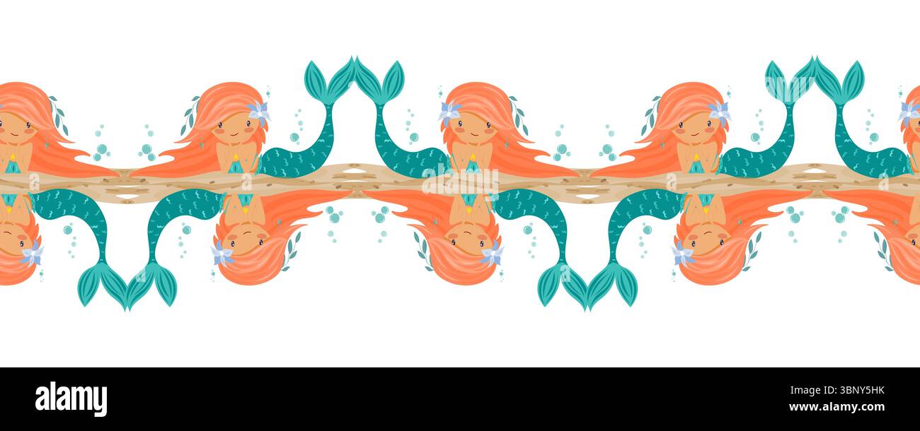Seamless border with red haired mermaids in the center Stock Vector ...