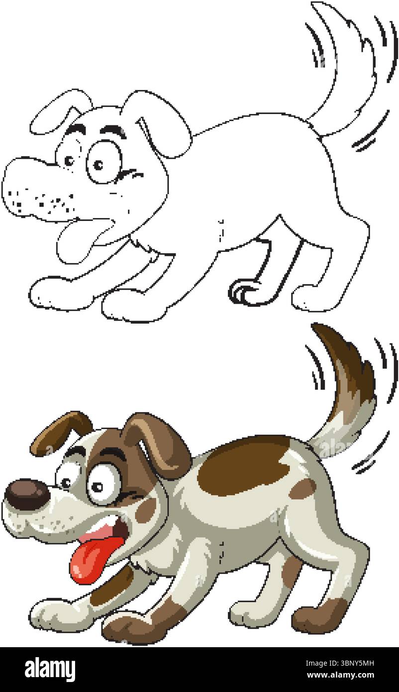 A lively cartoon dog illustration in both color and outline styles ...