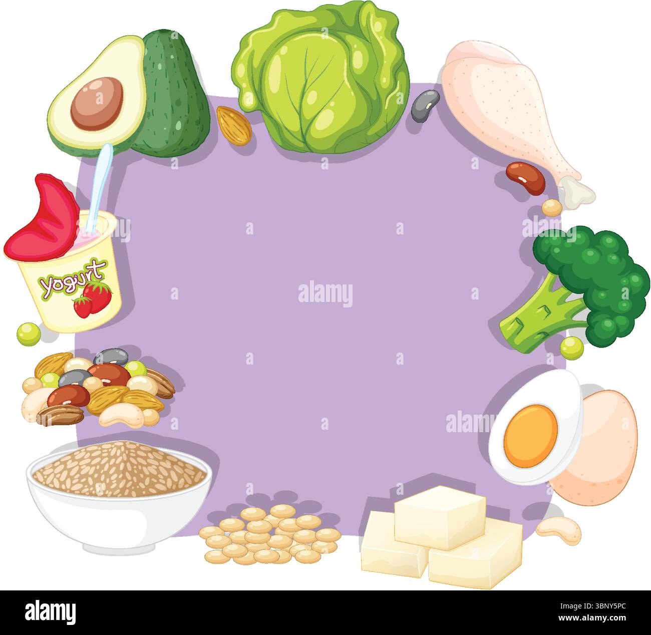 Colorful vector illustration of diverse healthy foods arranged around a ...