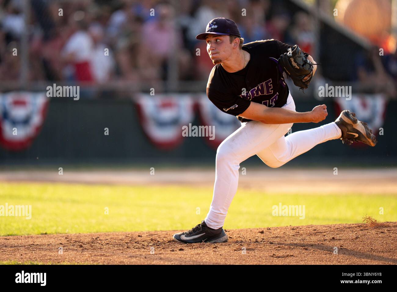 July 4, 2025, Newport, Rhode Island, USA: Keene Swamp Bats Kyle Peters (17) pitches against the ...