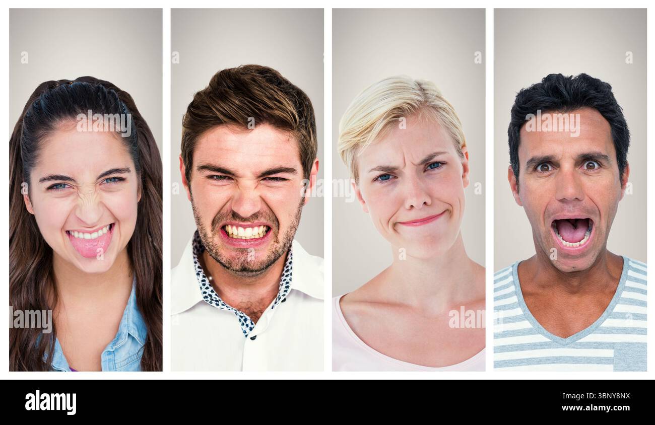 Four head-and-shoulders portraits are appearing side by side in flat ...