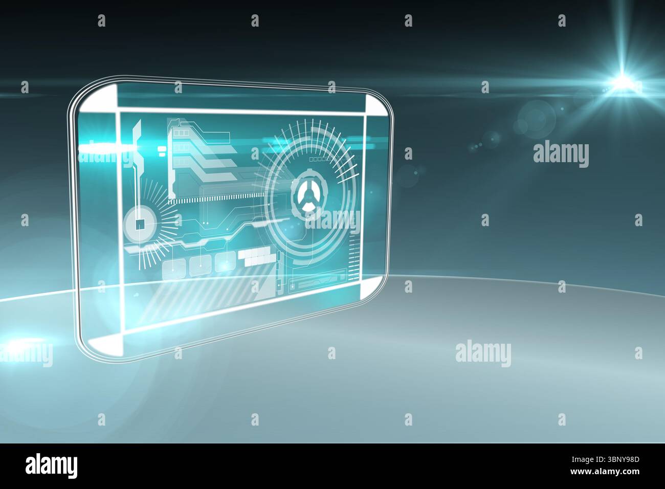 Floating holographic display on reflective surface showing cyan-white ...