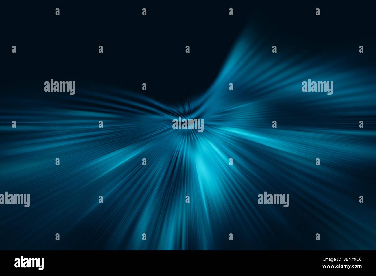 Radial burst of cyan-blue light rays is streaming toward vanishing ...