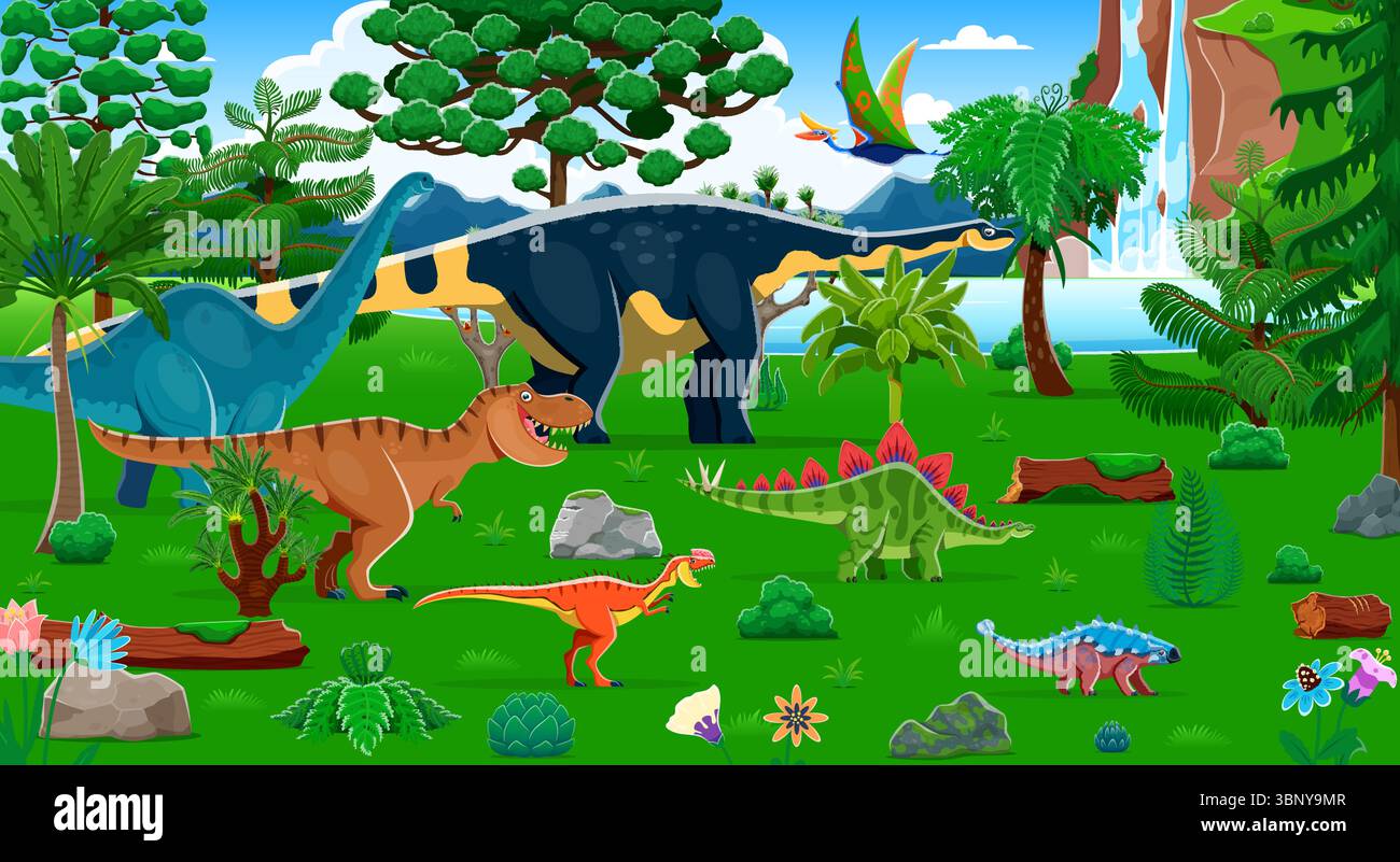 Prehistoric era dinosaur characters landscape with Jurassic lizards and ...