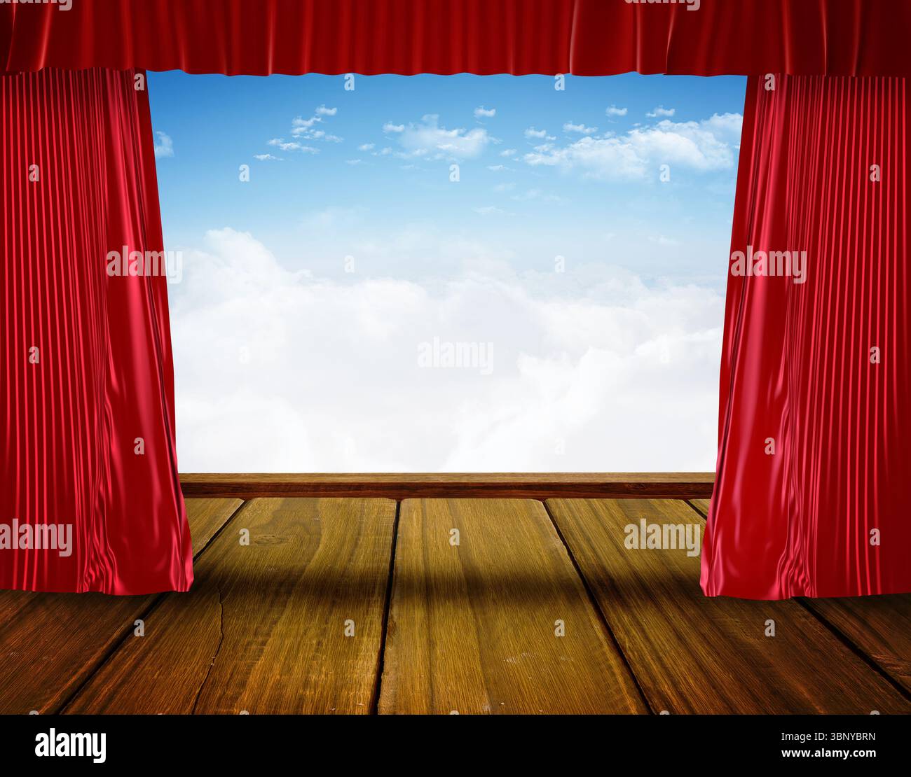 Flat design stage is showing wooden floor and red velvet curtains ...