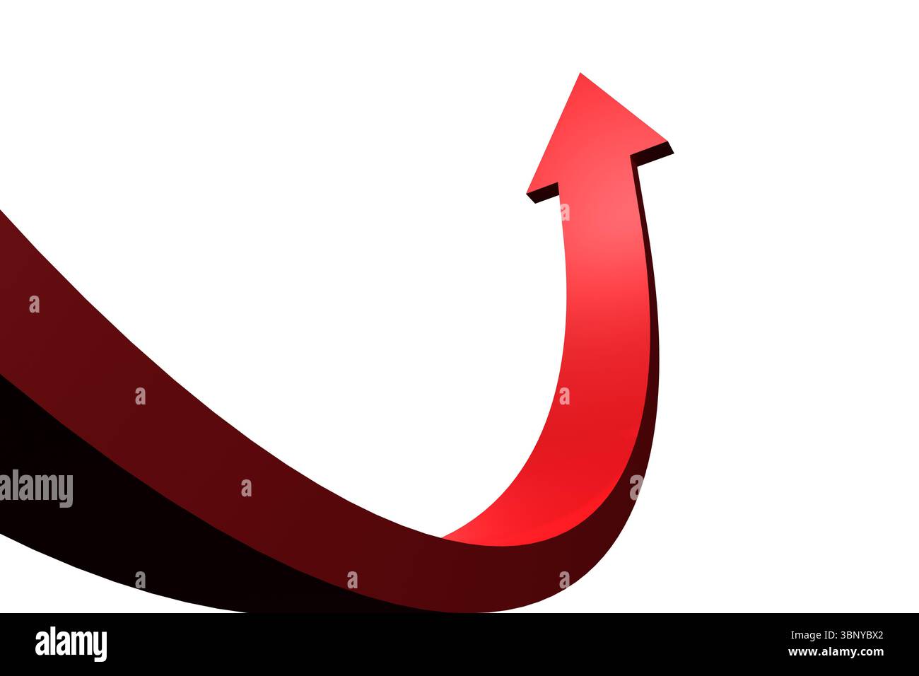 Bold red 3D arrow is curving upward with smooth gradient on white ...