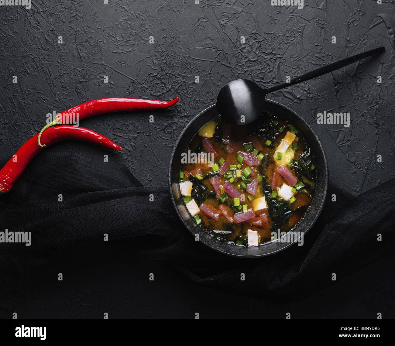 food still-life, Japanese miso soup with fresh tuna, dried seaweed ...
