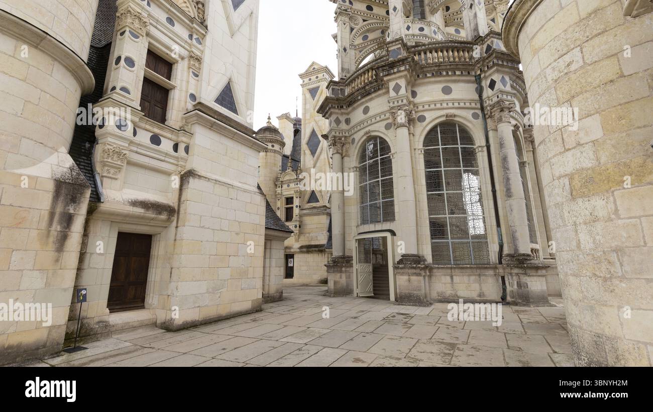 Chateau de Chambord, view of the terrace roof and elaborate towers and ...