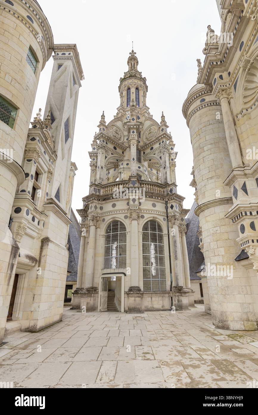 Chateau de Chambord, view of the terrace roof and elaborate towers and ...
