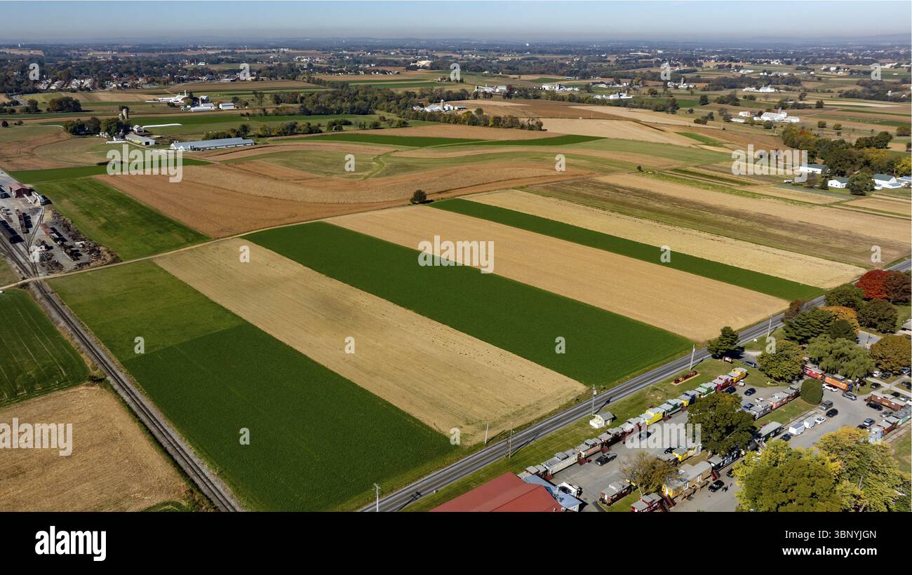 Vast stretches of farmland display a patchwork of vibrant green and ...