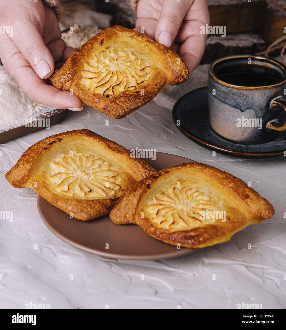 food still-life, Cottage cheese pastry pies in grandmas arms Stock ...