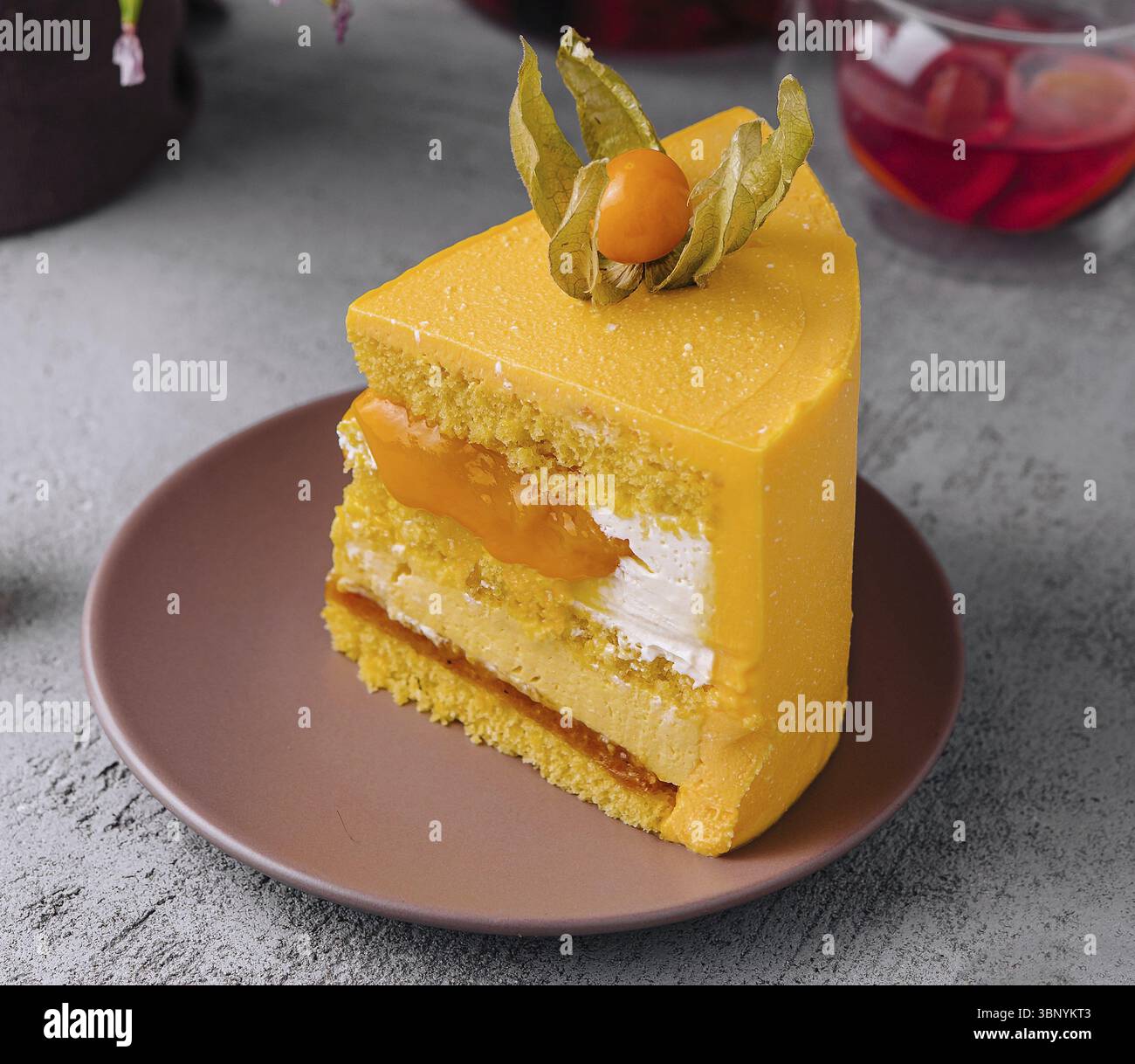 food still-life, Tasty mango mousse cake and tea Stock Photo - Alamy