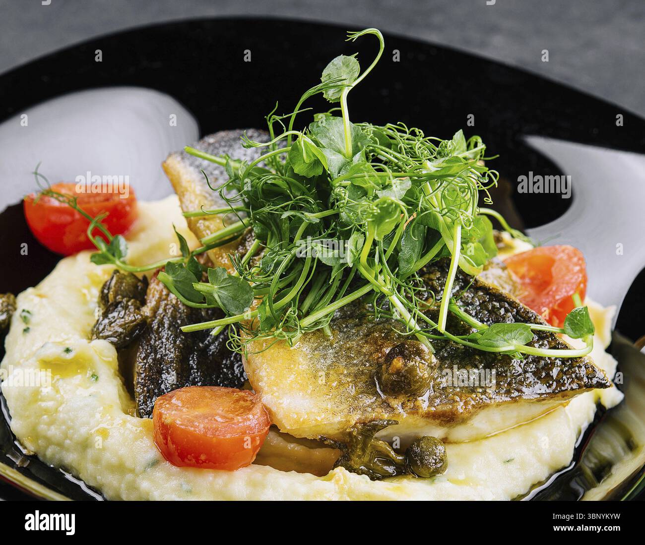 food still-life, Fried norwegian skrei cod fish filet with mashed ...