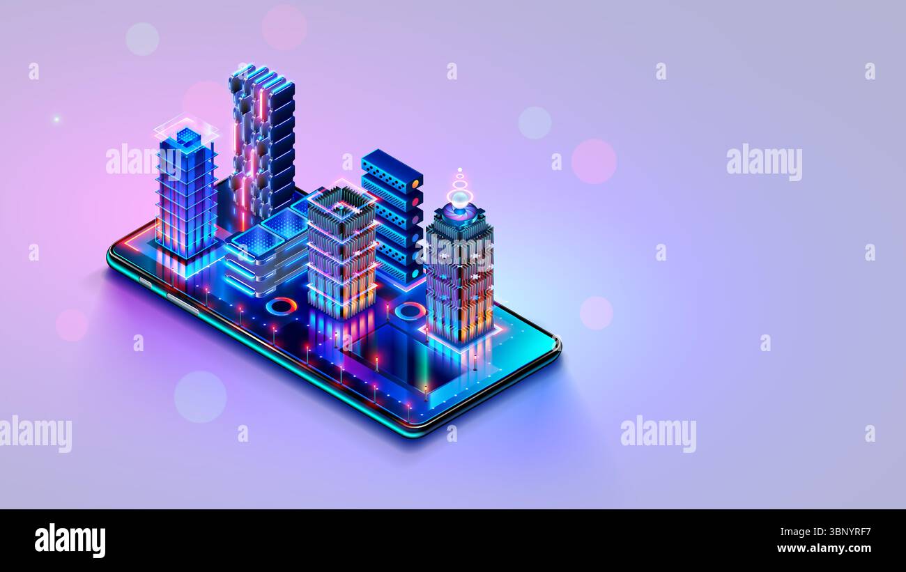 Isometric plan of the future city with roads and buildings on the phone ...