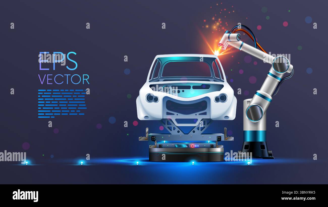 Robot welder in automobile industry. White robots welding car body on automobile factory. The ...
