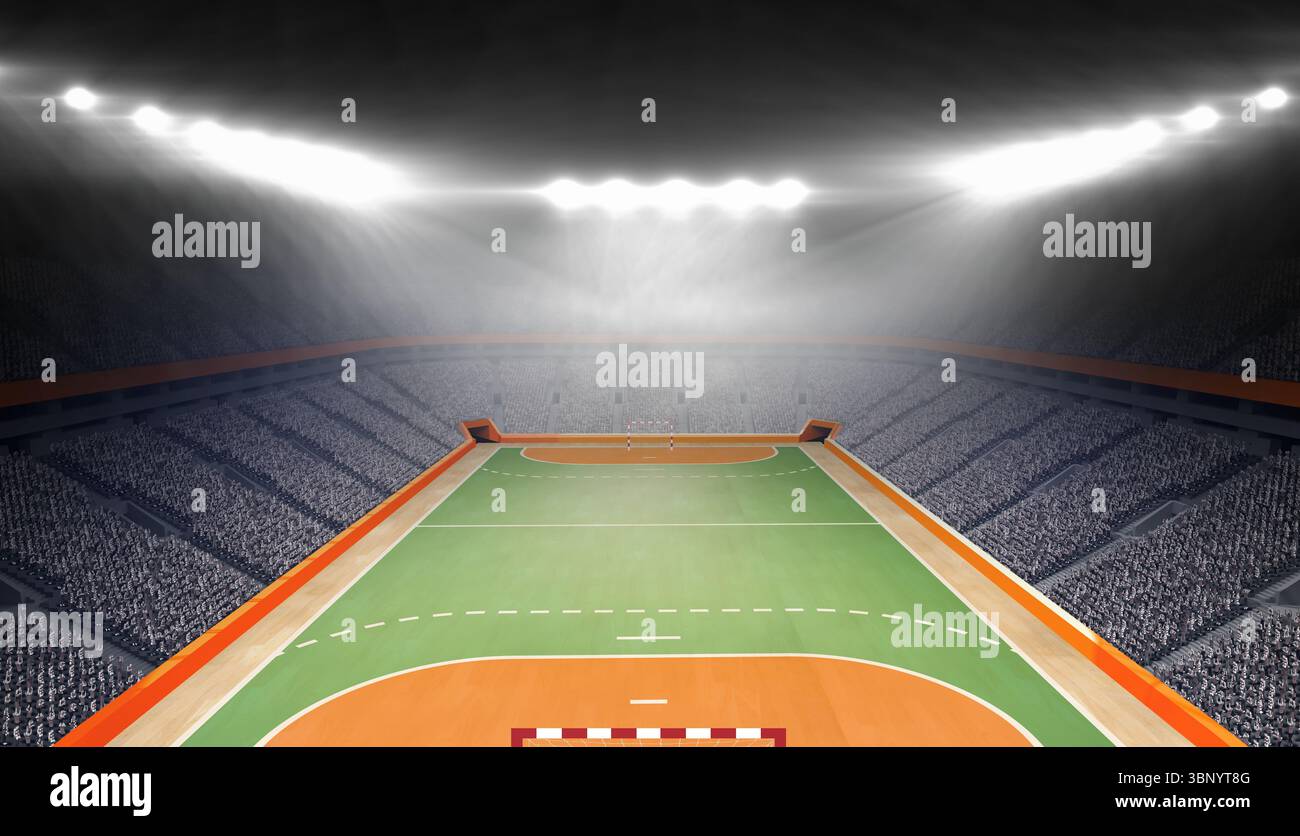 Empty arena is being shown in flat design with green court, orange ...