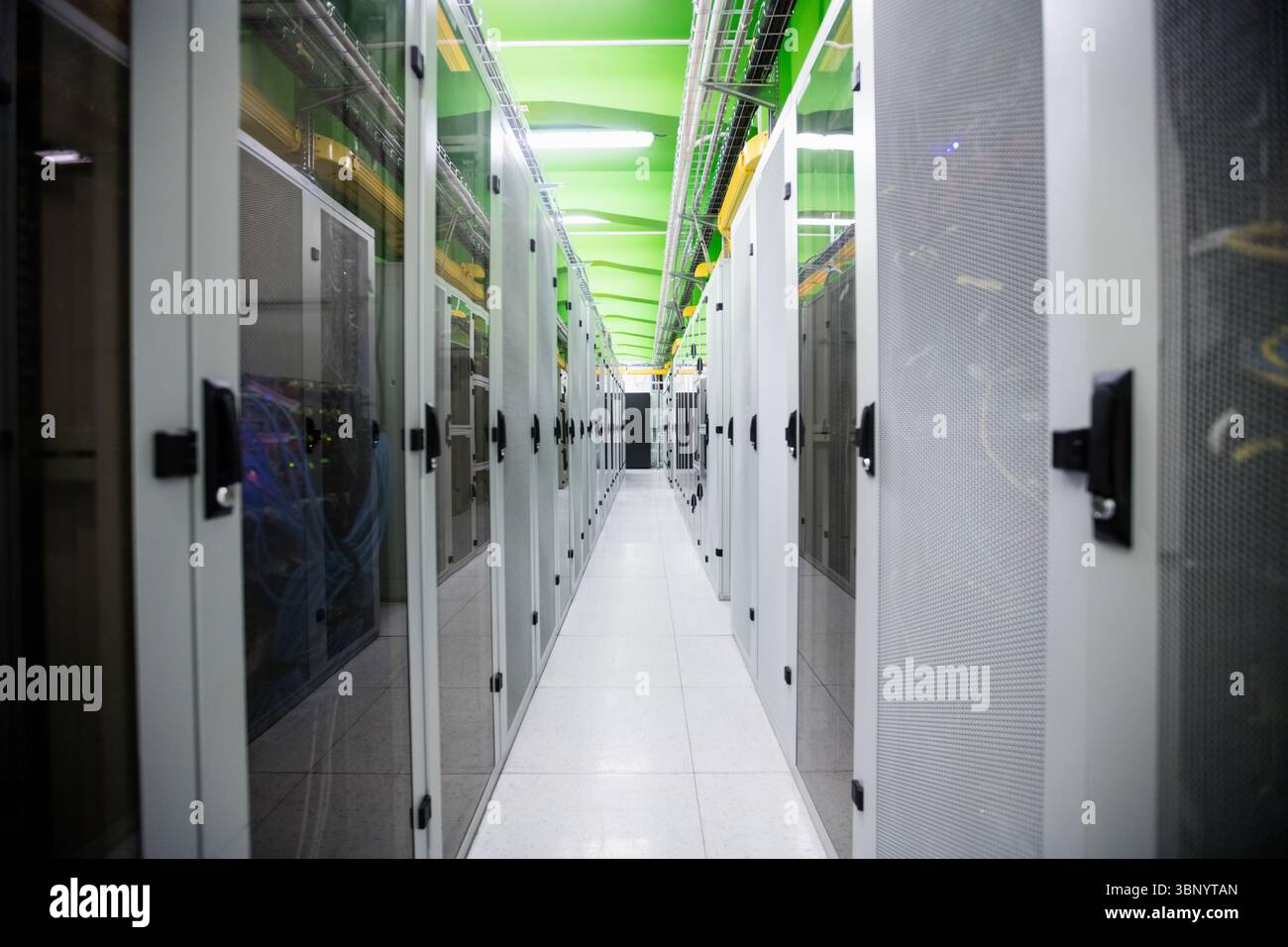 Flat design is showing empty central aisle in data center with racks ...