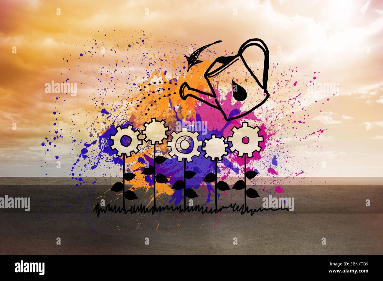 Cog flowers with can over bright sky Stock Photo - Alamy