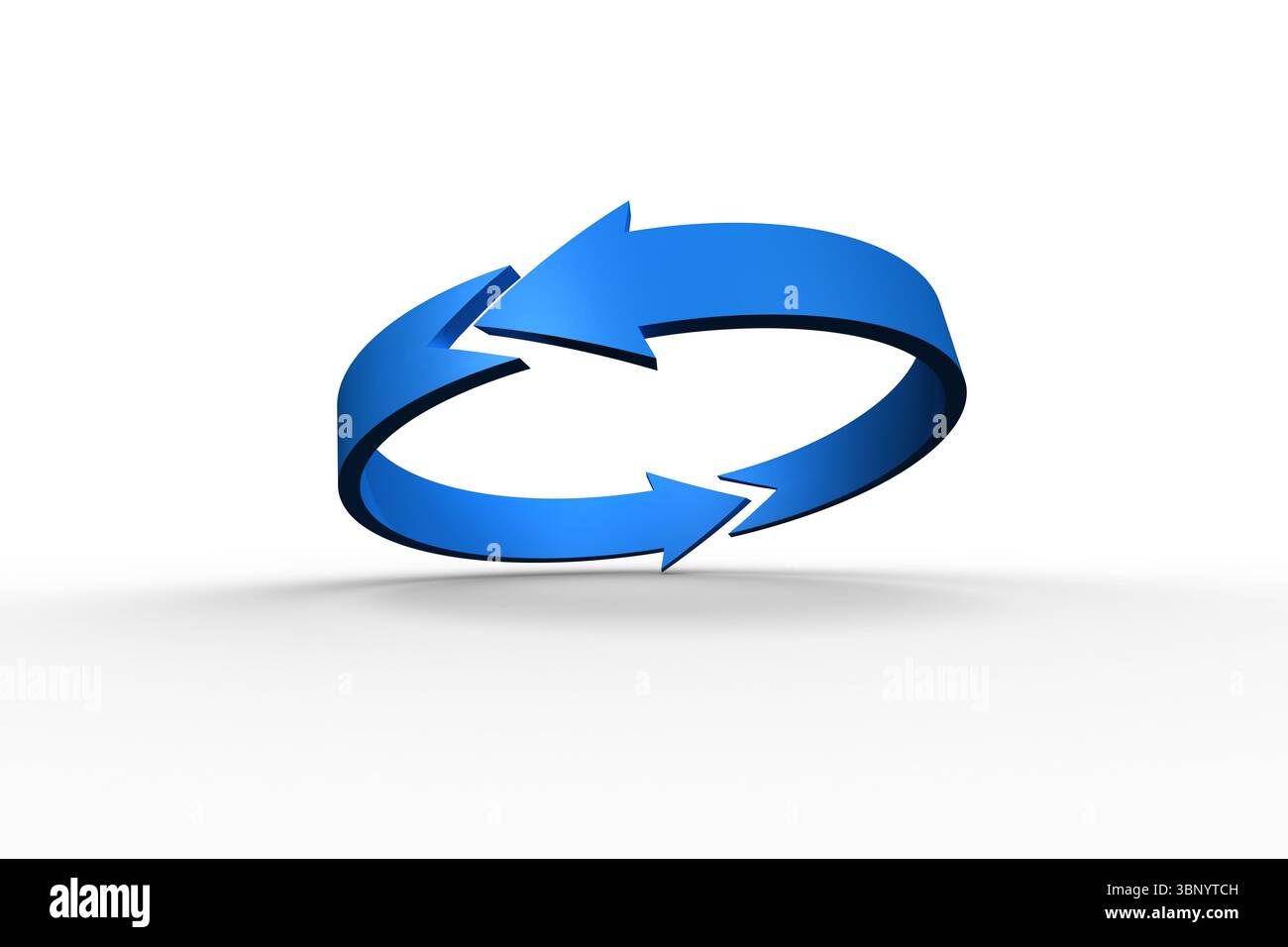 Blue 3D circular loop arrow graphic is floating above clean white ...
