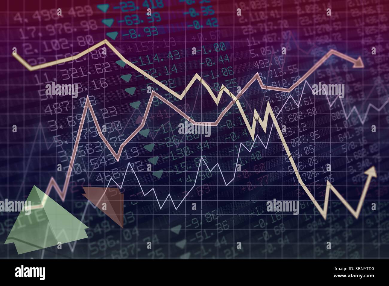 Displaying CG financial line chart over dark grid, showing colored ...