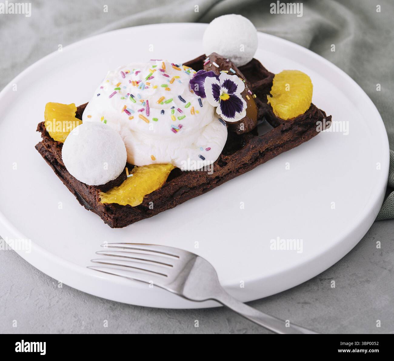food still-life, Belgian chocolate waffle with orange and ice cream ...