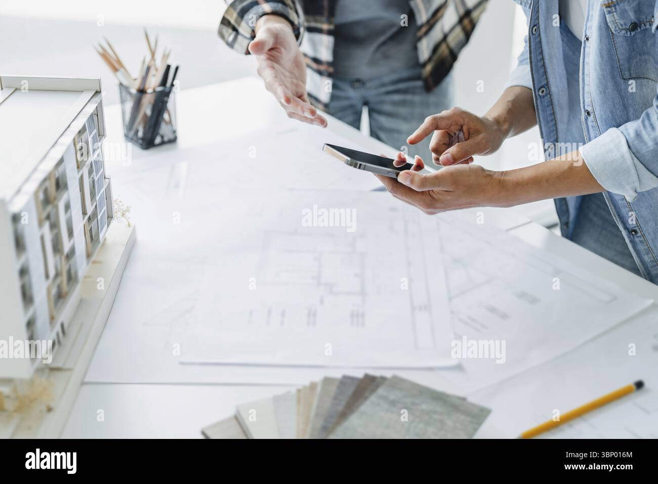 Architect working on the desk, construction project ideas architecture ...