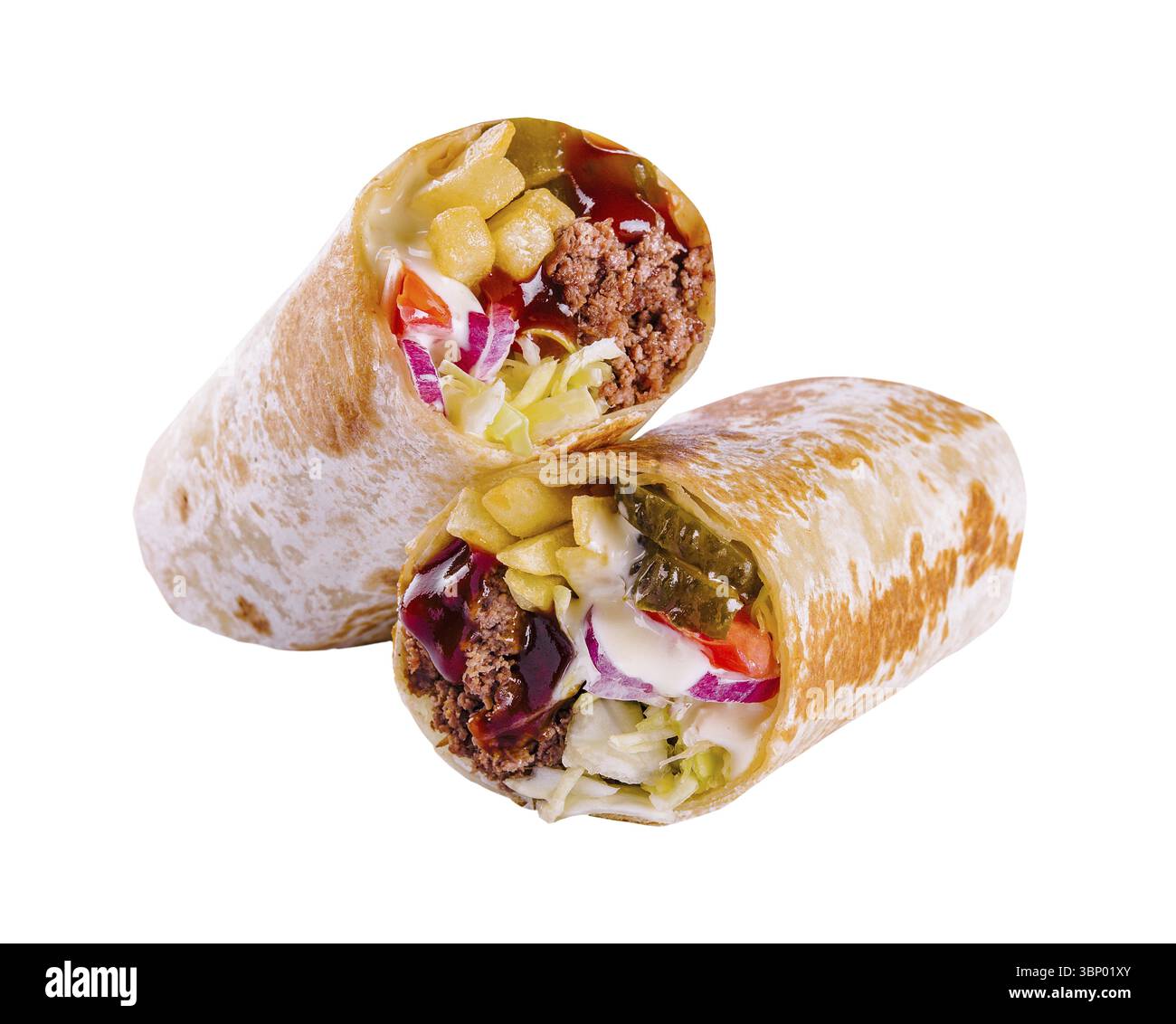 food still-life, Tortilla wraps with minced meat and french fries Stock ...