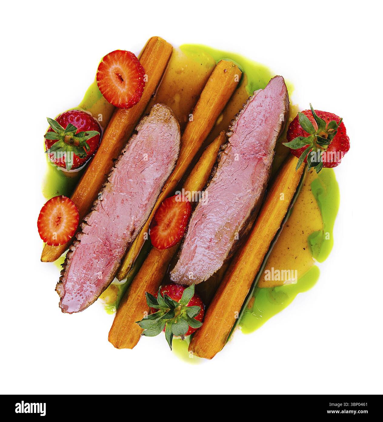 food still-life, Duck fillet with carrots and strawberries Stock Photo ...